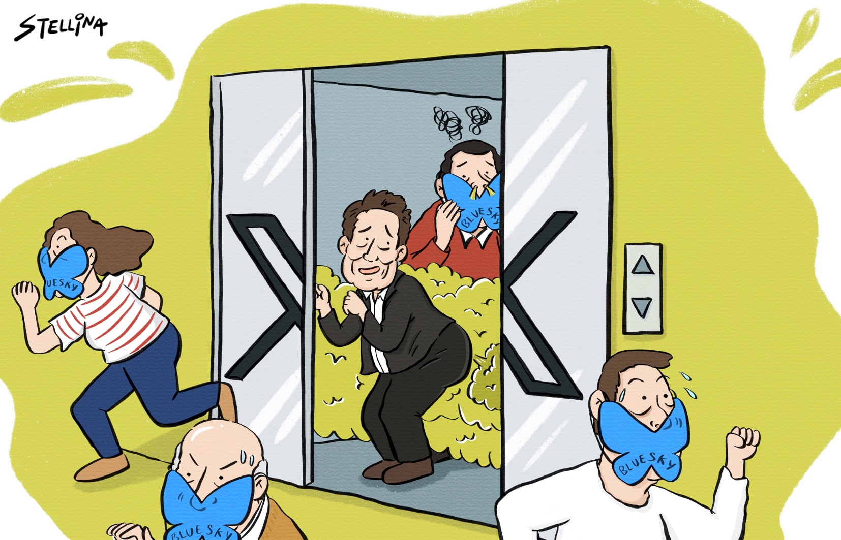 People leaving X for Bleusky – Cartoons by Stellina