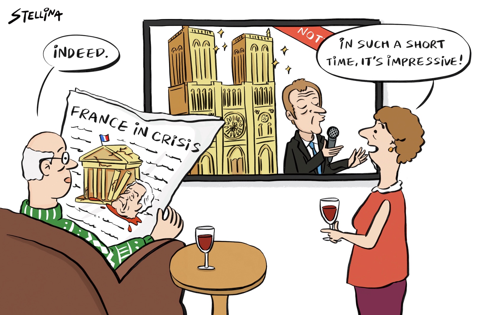 Macron reopens Notre Dame amid political crisis – Cartoons by Stellina